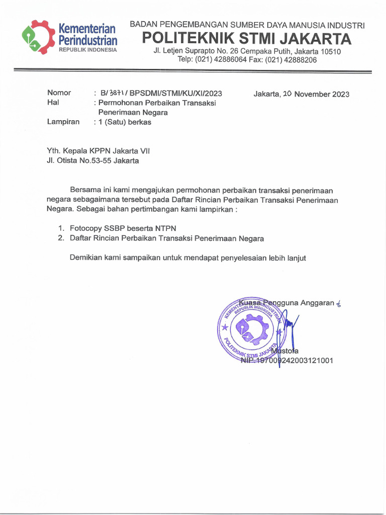 Surat Permohonan Koreksi Setoran PNBP | PDF