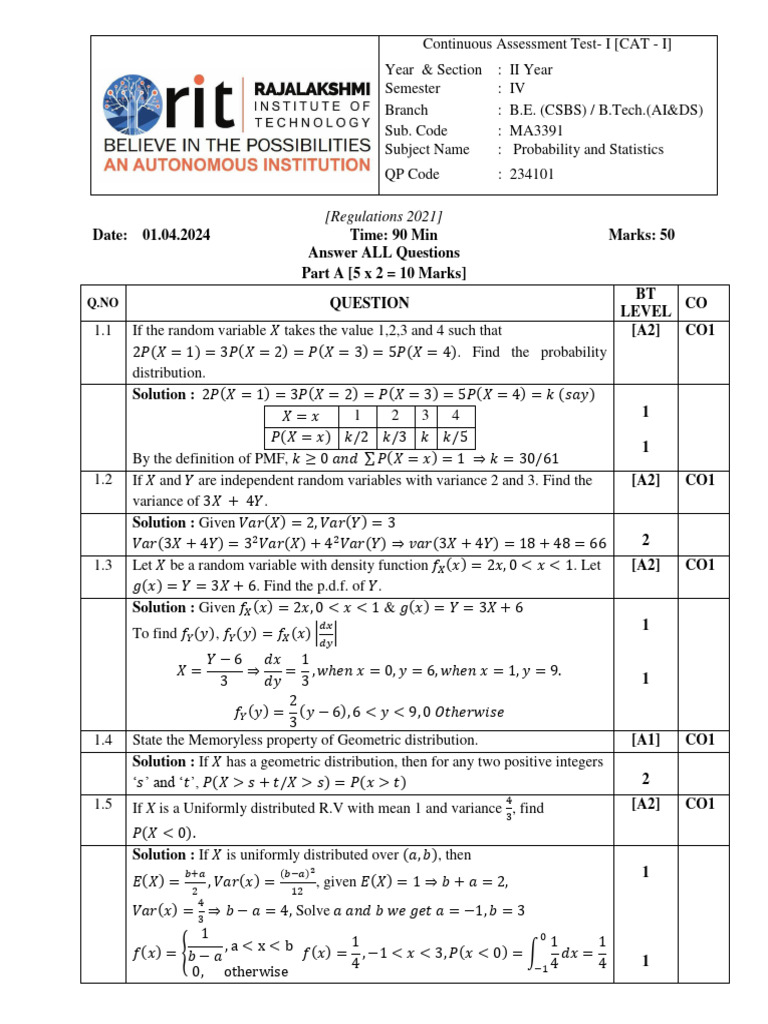 Ma3391-P&s Cat - 1 Solution | PDF | Probability Density Function ...