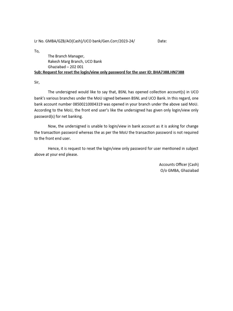UCO Bank Password Reset Request | PDF | Finance & Money Management