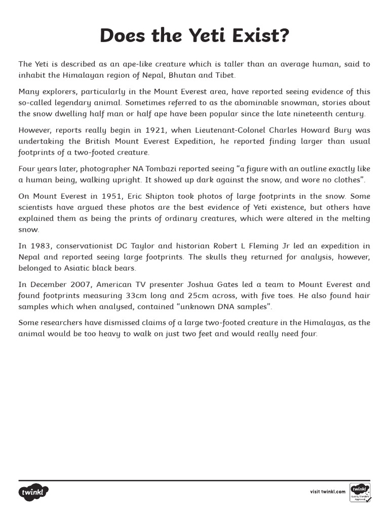 t2 e 3059 Does The Yeti Exist Activity Sheet - Ver - 1 | PDF