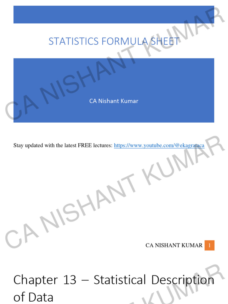 Statistics Formula Sheet | PDF | Mean | Statistical Theory Statistics Formula Sheet | PDF | Mean | Statistical Theory