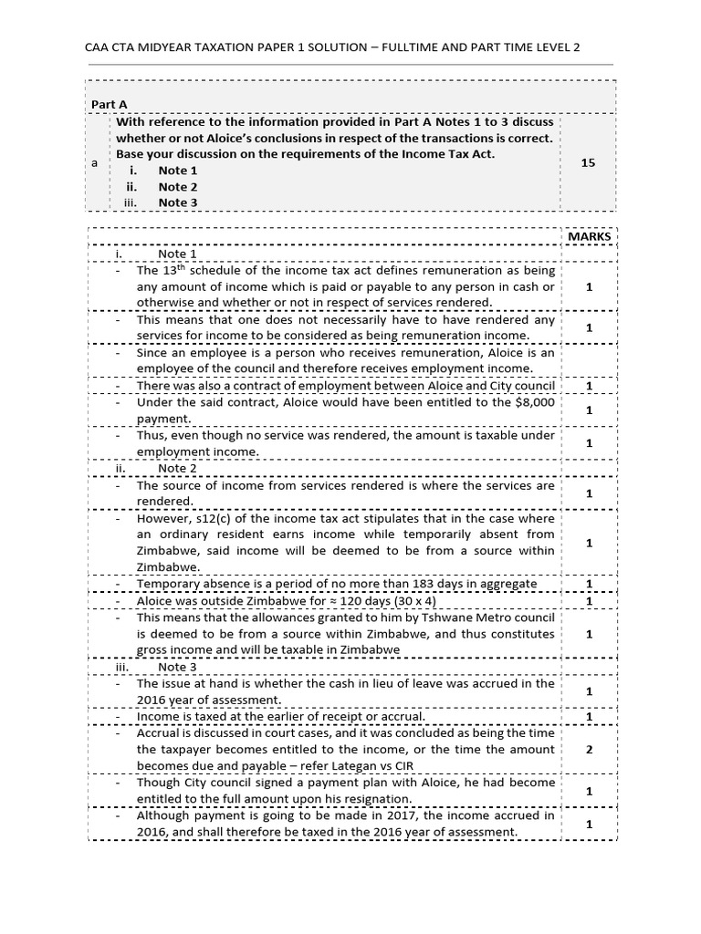 Caa Cta Taxation Midyear Paper 1 - Level 2 and FT - Solution. | PDF ...