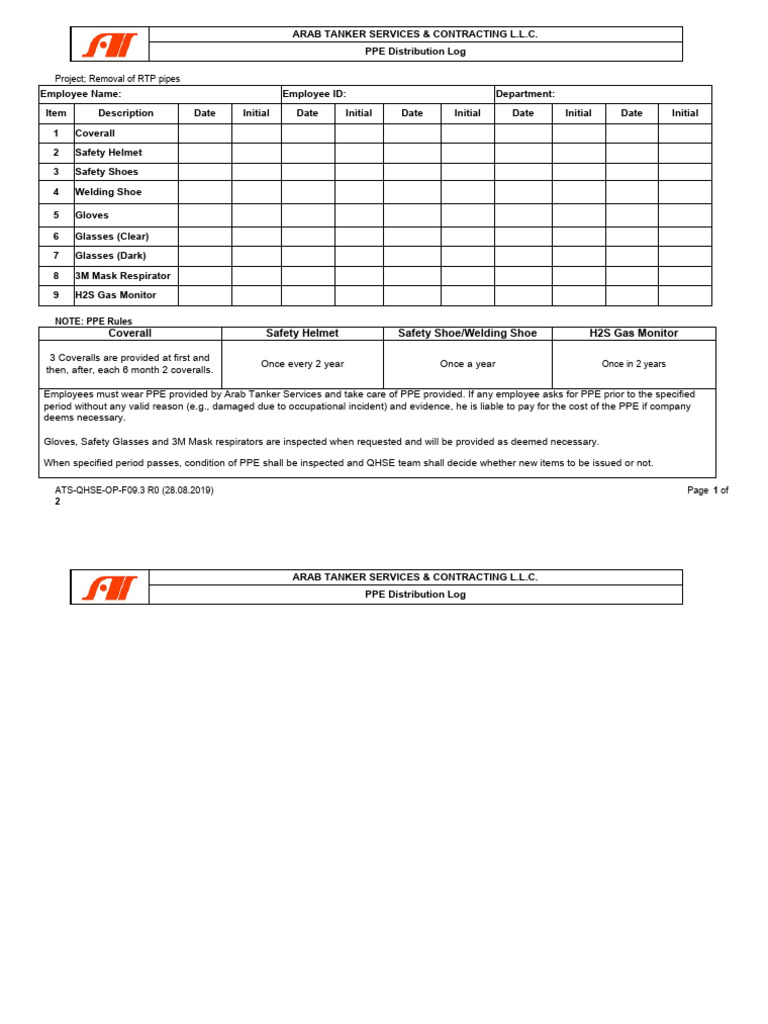 ATS-QHSE-OP-F09.3 - PPE Distribution Log | PDF