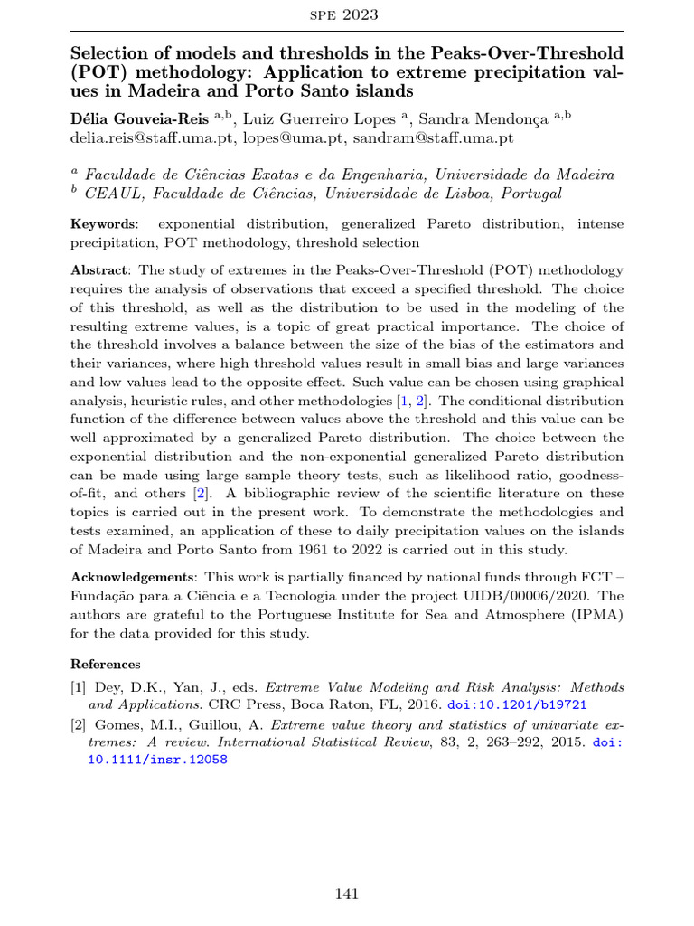 Selection of Models and Thresholds in The Peaks-Over-Threshold (POT ... Selection of Models and Thresholds in The Peaks-Over-Threshold (POT ...