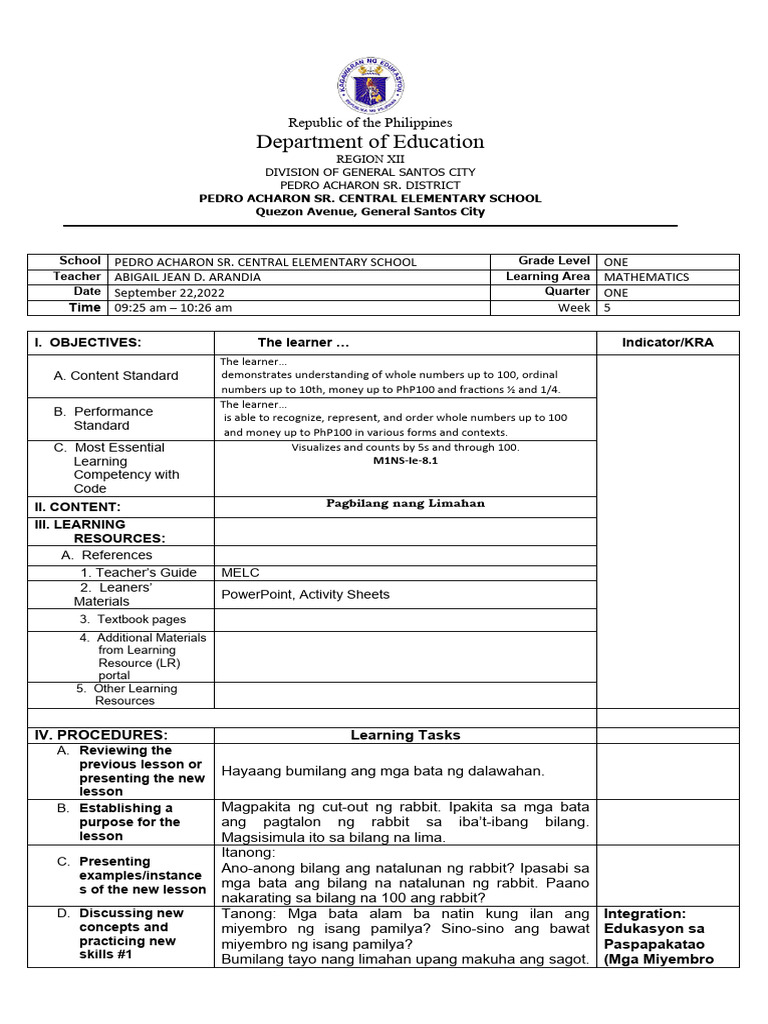 1ST-DLL-Q1-Math-Week 5 | PDF | Learning | Cognitive Science
