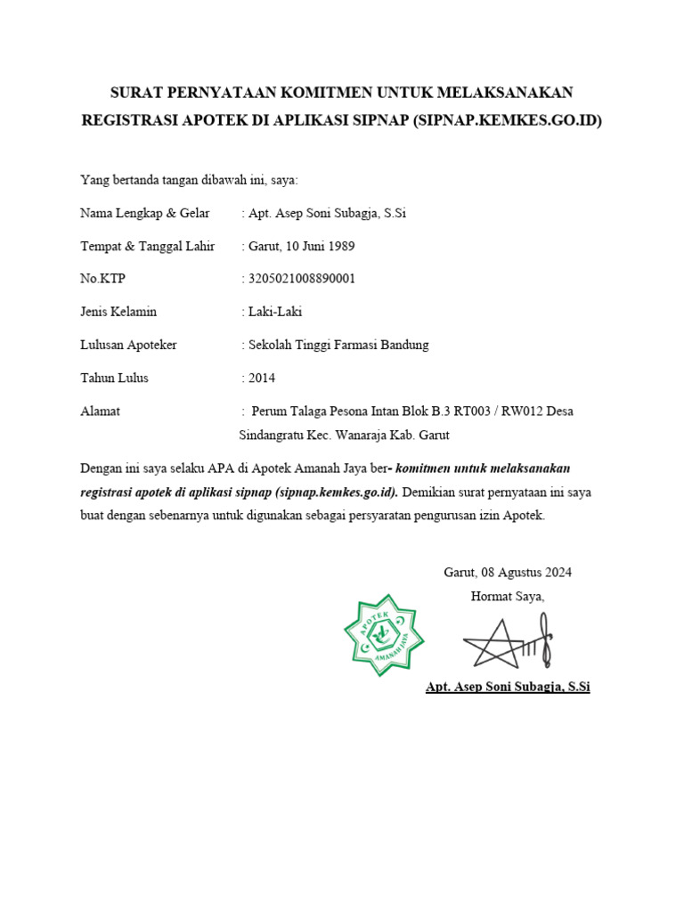 OSS 004 Surat Pernyataan Komitmen Untuk Melaksanakan Registrasi Apotek ...