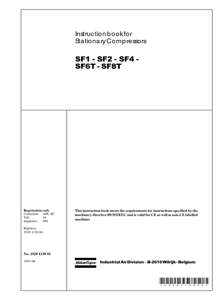 Atlas Copco SF Stationary Compressors Instruction Book | PDF ...
