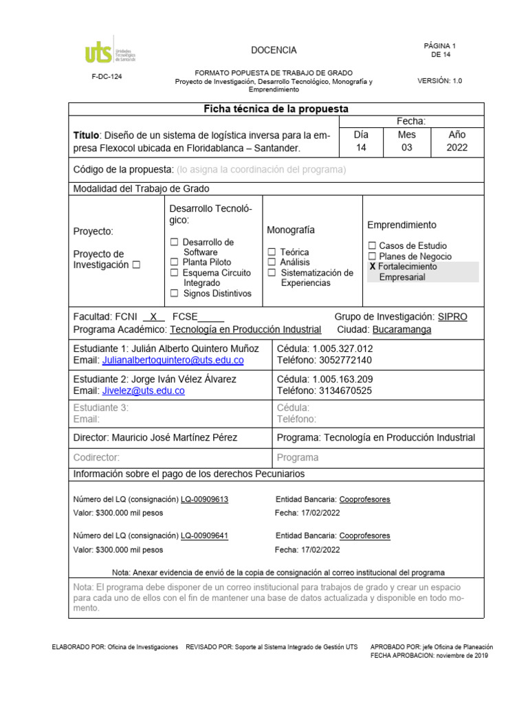 F-DC-124 Propuesta Trabajo Grado Sistema de Logística Inversa en La ...