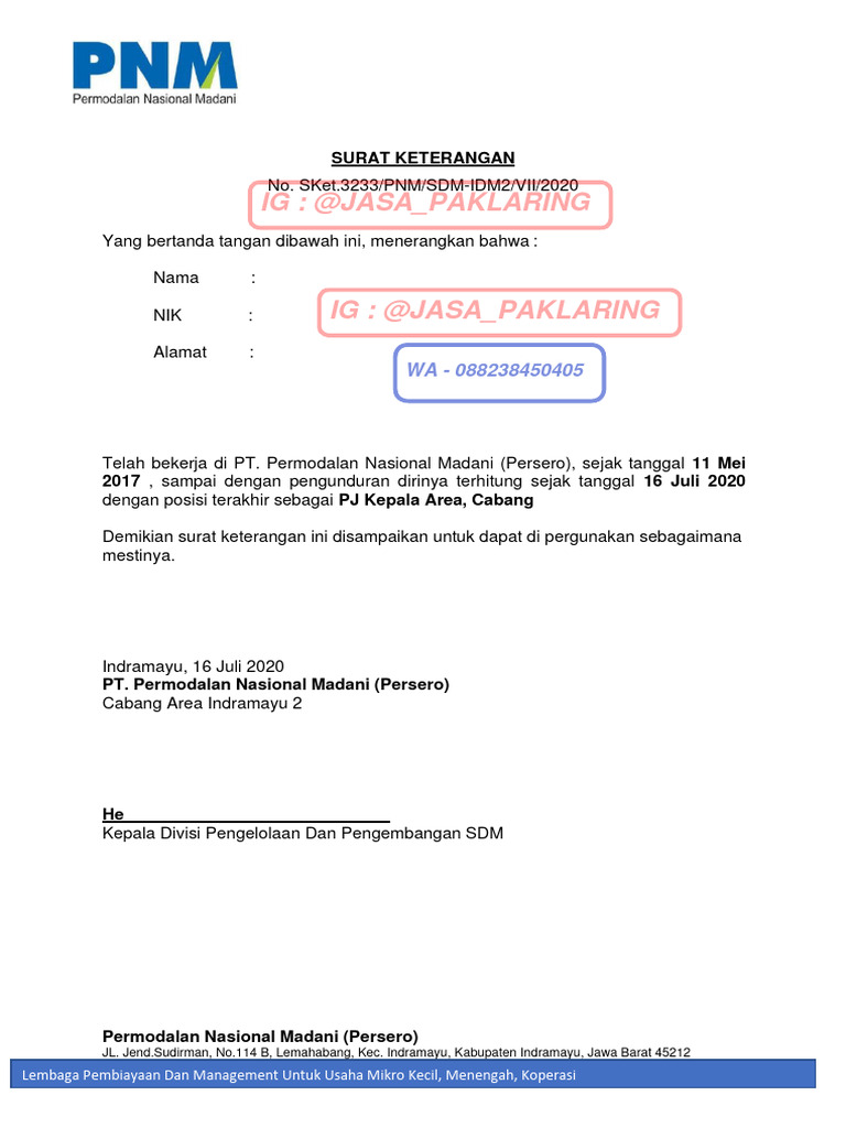 Paklaring PNM I Permodalan Nasional Madani | PDF