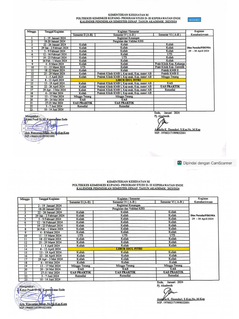 Kalender Akademik Dan Jadwal Mengajar Sem Genap 2023-2024 | PDF