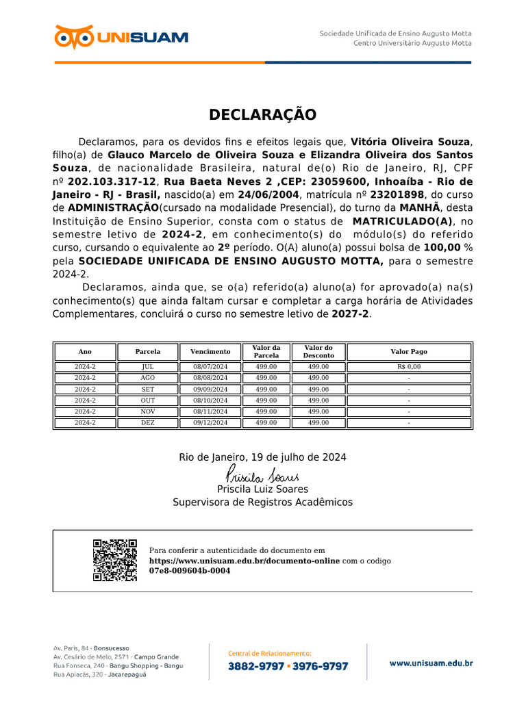Declaração de Matrícula Riocard | PDF