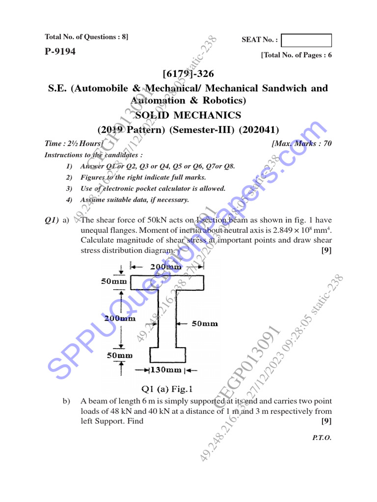 Be Mechanical Engineering Semester 3 2023 November Solid Mechanics SM Pattern 2019 | PDF ...