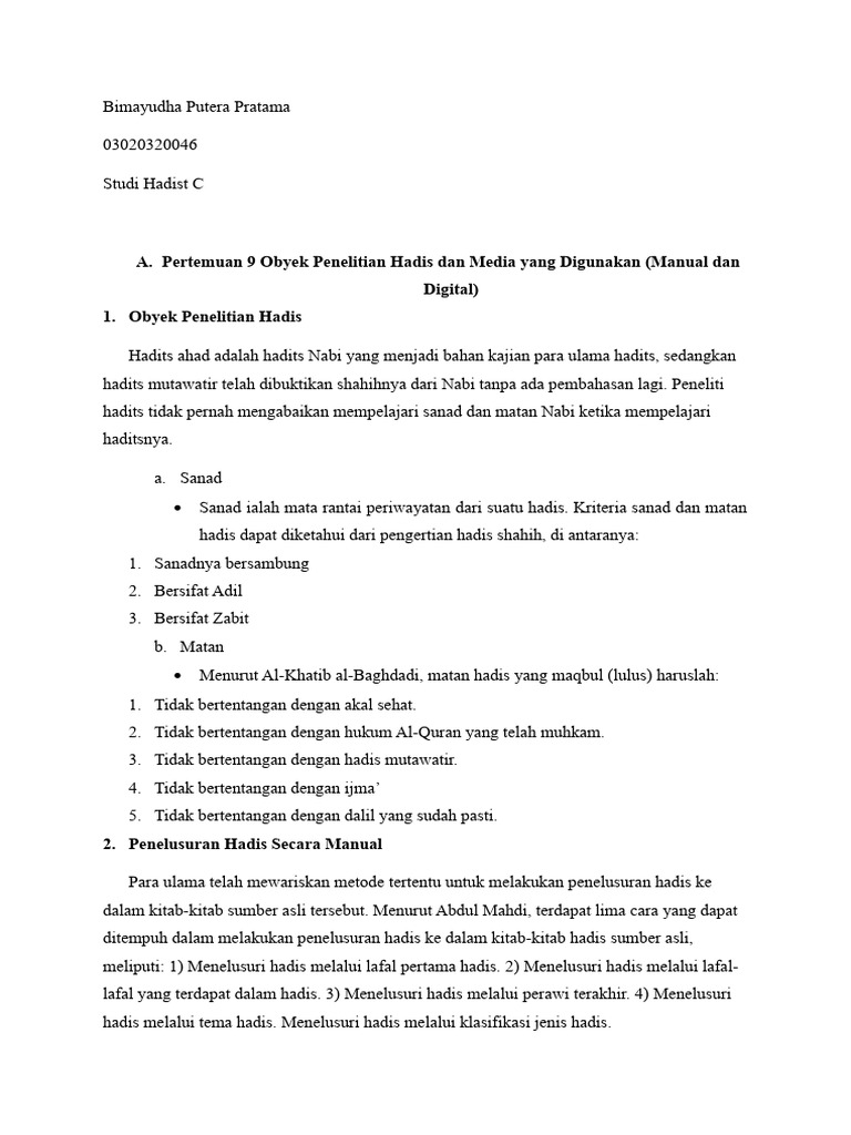 Resume Studi Hadis 9 Dan 10 Alfian Yustisia | PDF