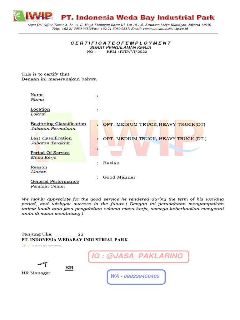 Pt. Iwip - Contoh Surat Paklaring | PDF