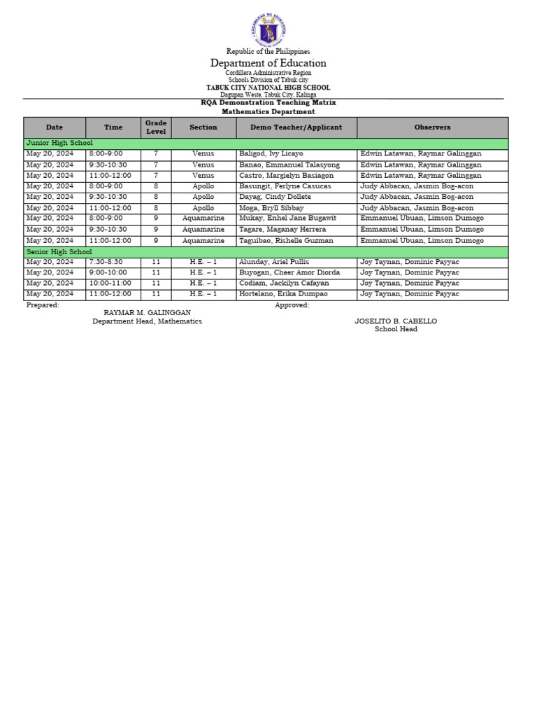 RQA Demonstration Teaching Matrix | PDF