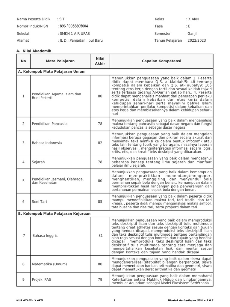Rapor Siti Ganjil - X Akn Islam | PDF