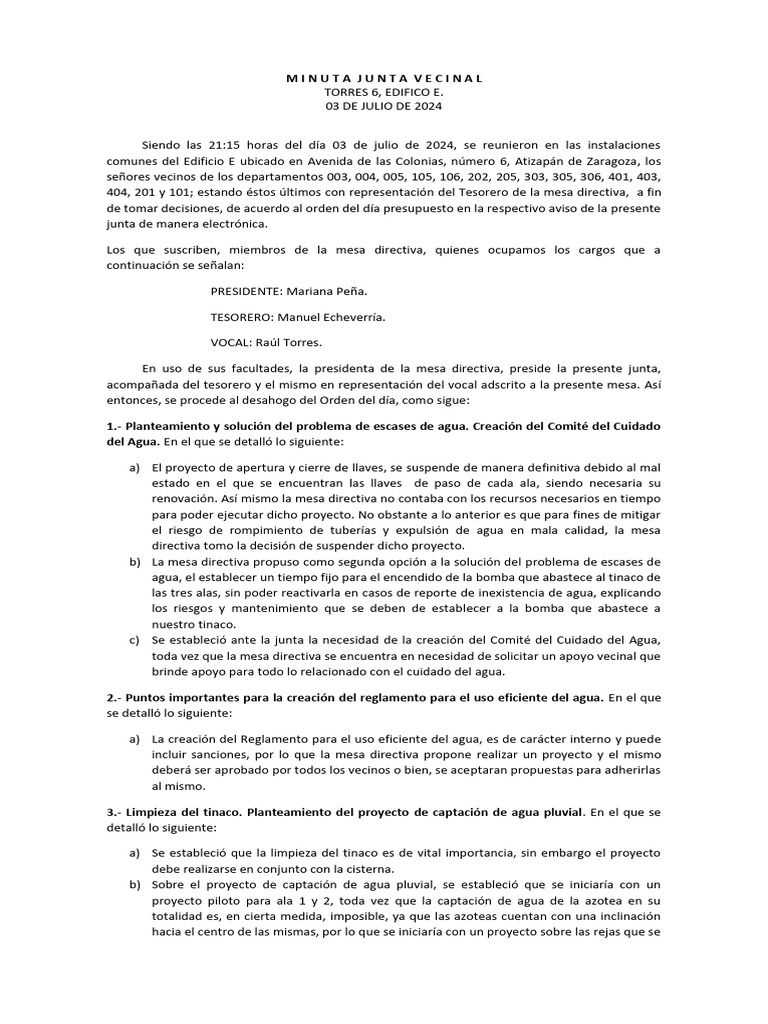 Minuta Junta Vecinal 04 de Julio 2024 | PDF | Agua