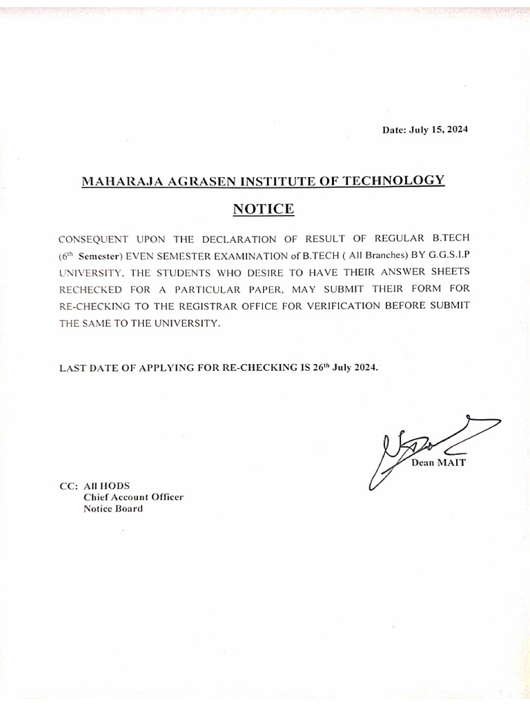 Notice - B.tech 6th Sem Result Rechecking | PDF Notice - B.tech 6th Sem Result Rechecking | PDF