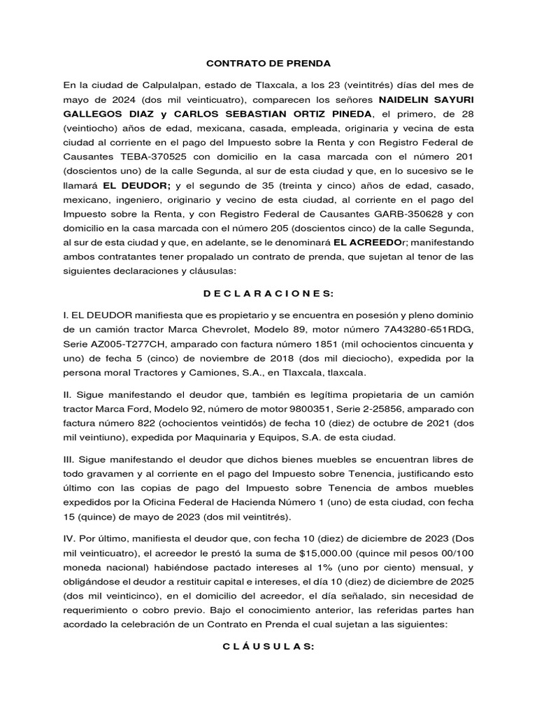 Contrato de Prenda en Tlaxcala | PDF | Pagos