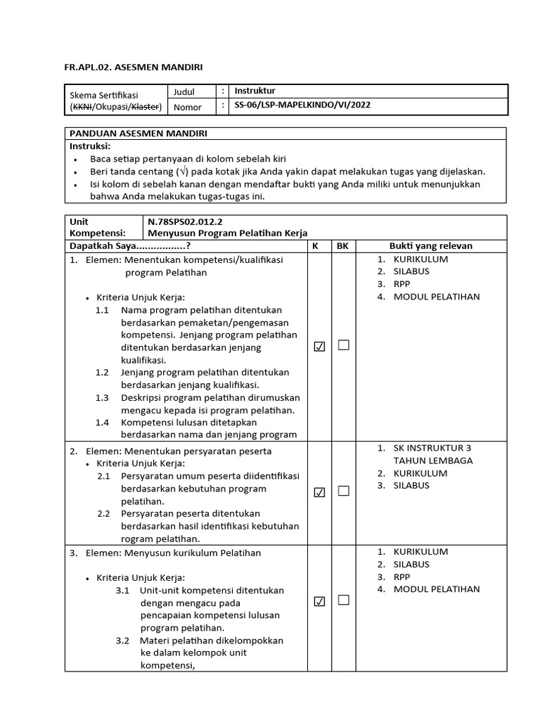 Contoh Pengisian 02. FR - Apl.02 Asesmen Mandiri | PDF | Komputer