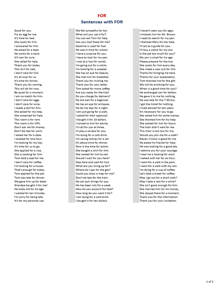 Sentences Using "For" Examples | PDF | Language Arts & Discipline ...