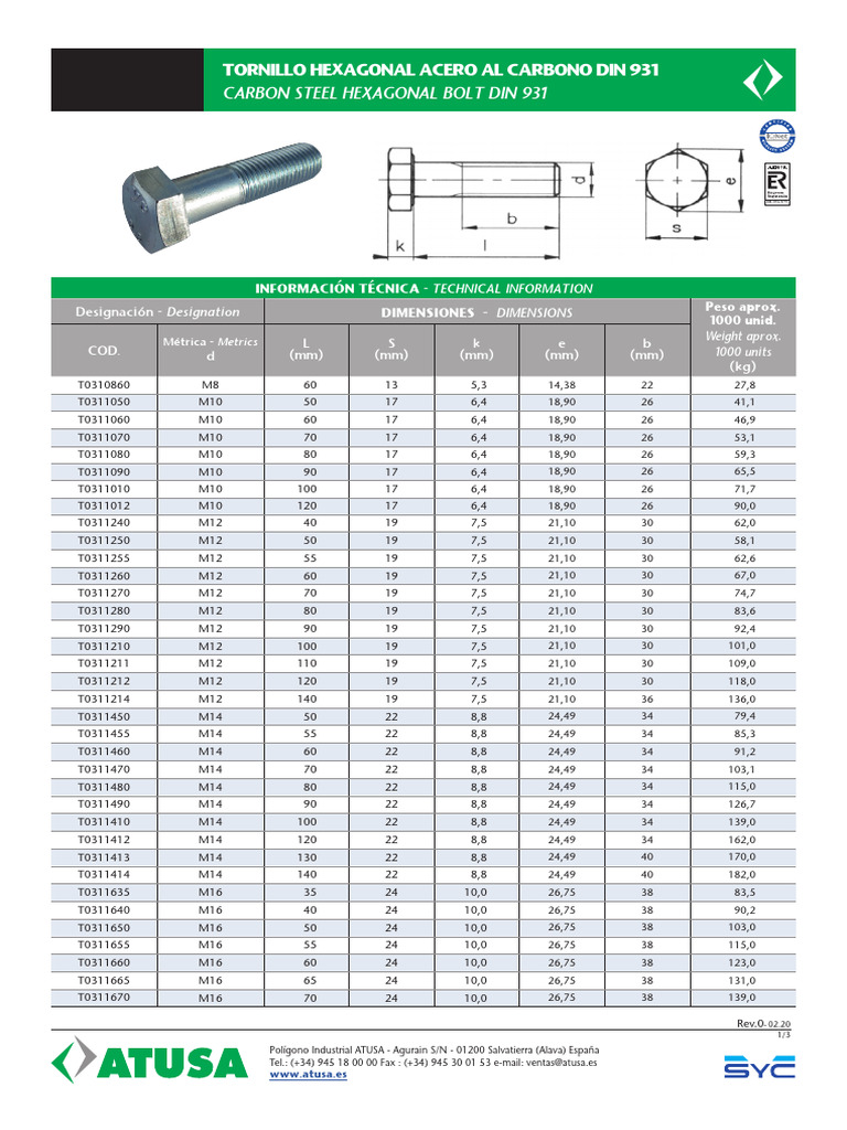 FICHA TECNICA TORNILLO HEXAGONAL ACERO CARBONO DIN 931 Rev.0 | PDF | Materials | Building Materials