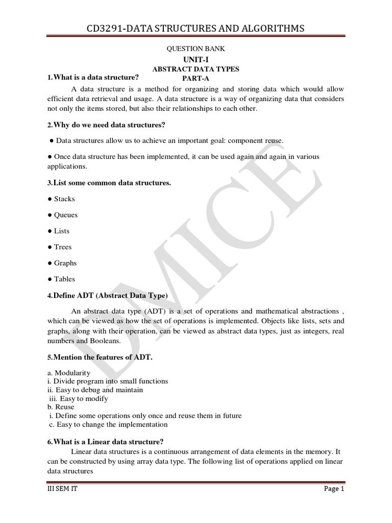 Cd3281 Dsa Question Bank | PDF | Inheritance (Object Oriented Programming) | Class (Computer ...