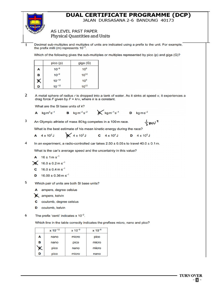 1 Physical Quantities and Units MCQ 230804 021818 | PDF | Physics | Linear Algebra
