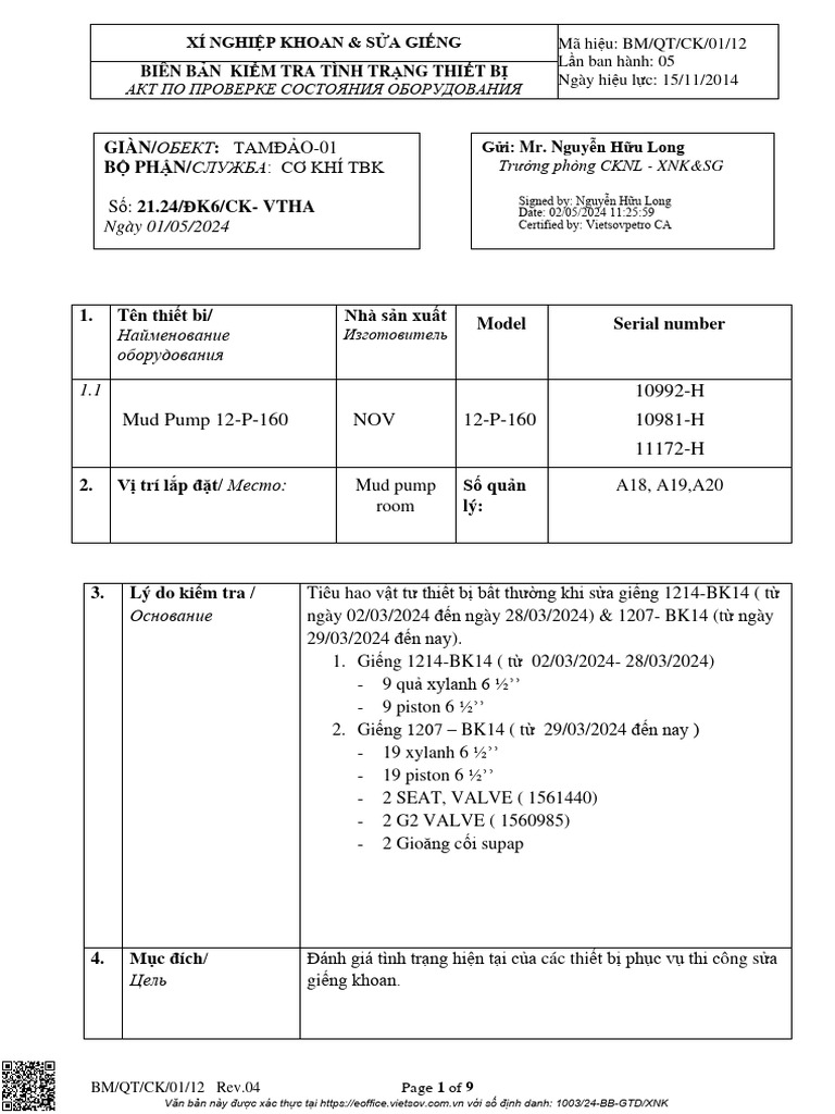(Signed) 2024!05!01 No 21.24 Đk6 CK Vtha BBKT TB Bơm Khoan Tamđao 01 Mech | PDF