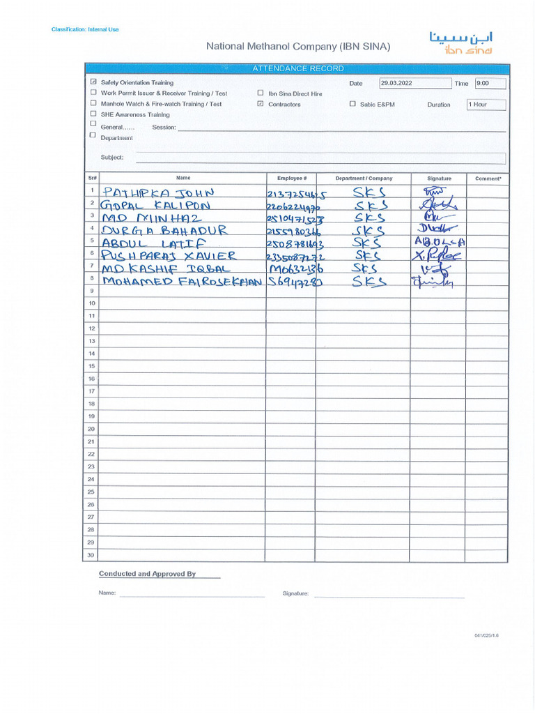 SKS_IBN SINA Safety Orientation Attendance Sheet-29.03.2022 | PDF