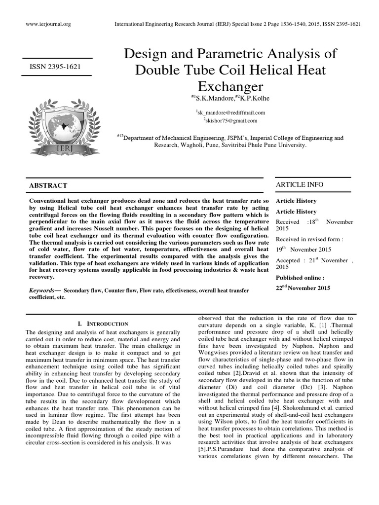 277.design and Parametric Analysis of Double Tube Coil Helical Heat Exchanger | PDF | Heat ...