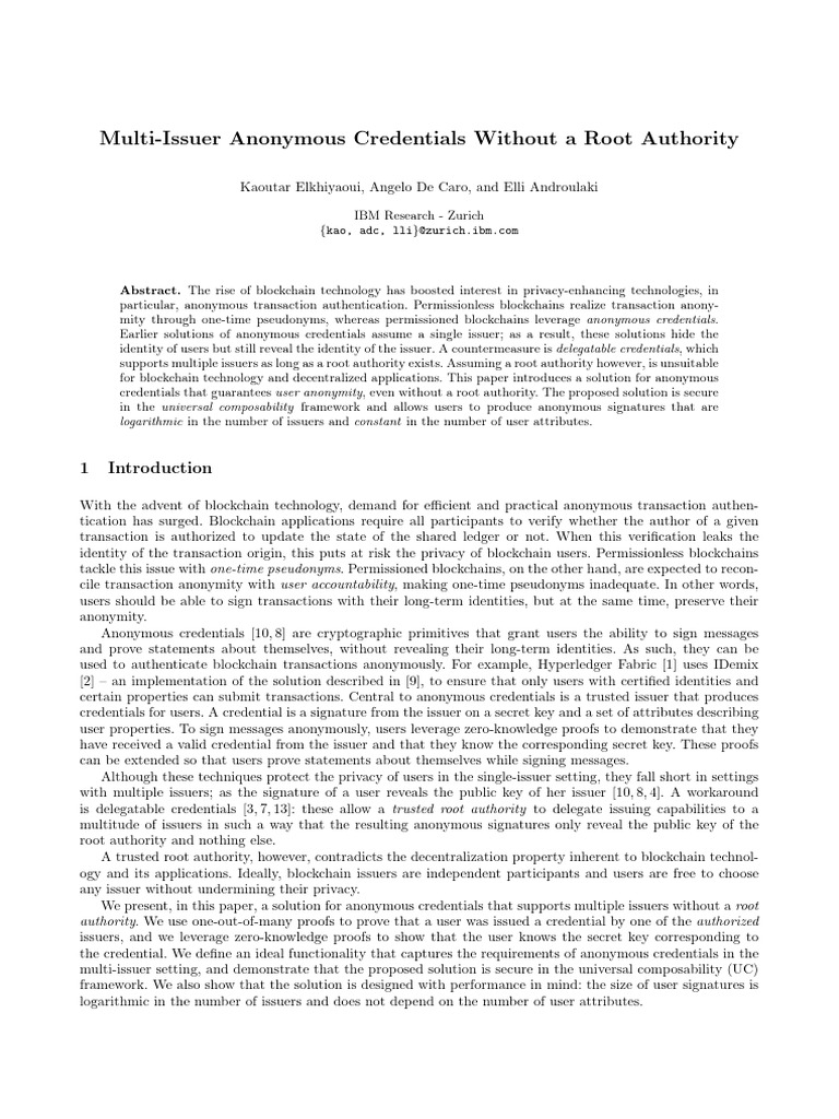 2021-1669.Multi-Issuer Anonymous Credentials Without A Root Authority | PDF | Secure ...