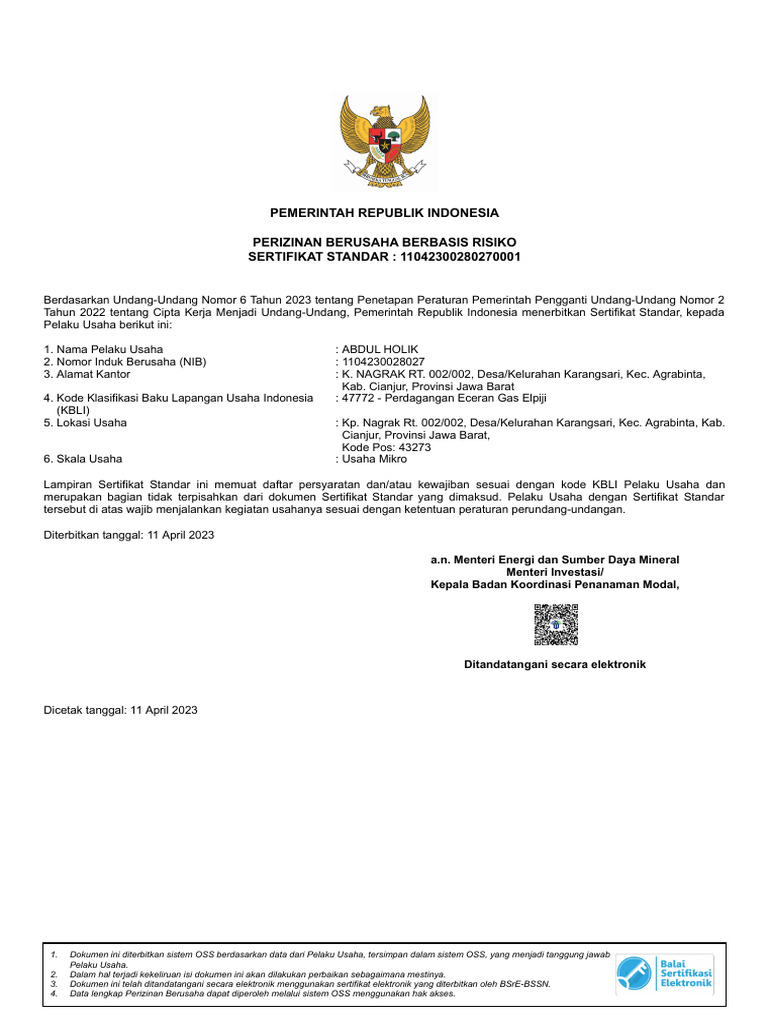 Abdul Holik - NIB - 1104230028027 - SS | PDF | Bisnis | Pengelolaan Keuangan & Uang