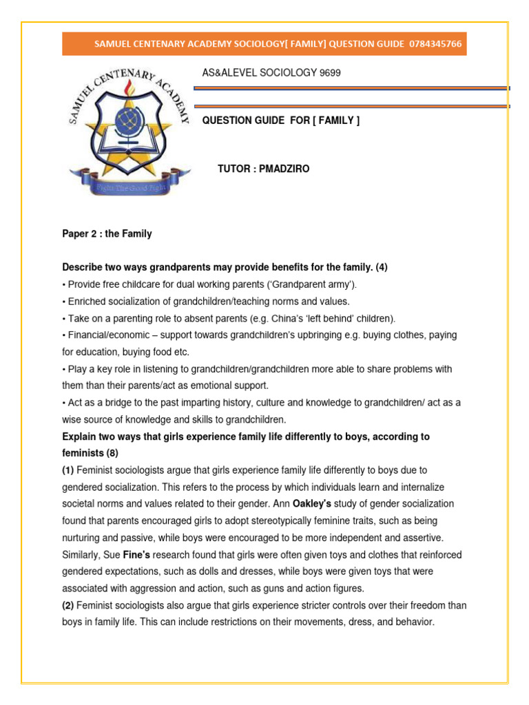 Paper Two Family Question Guide 9699 Sociology | PDF | Family | Patriarchy