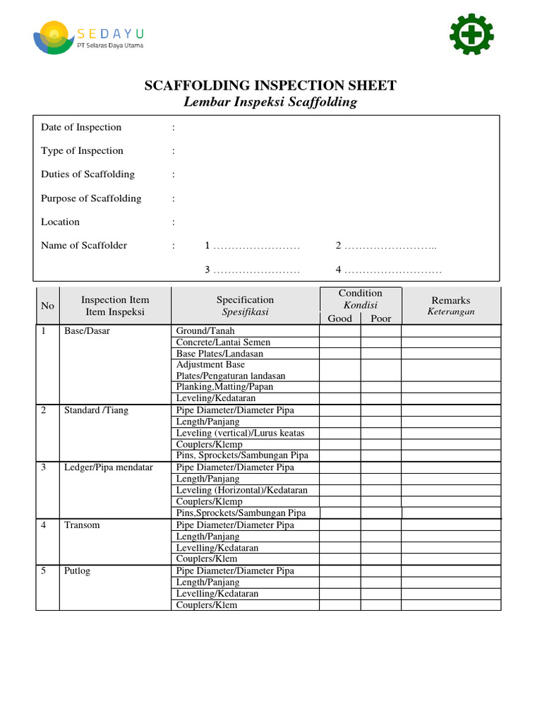 SCAFFOLDING INSPECTION CHECKLIST | PDF | Scaffolding | Equipment