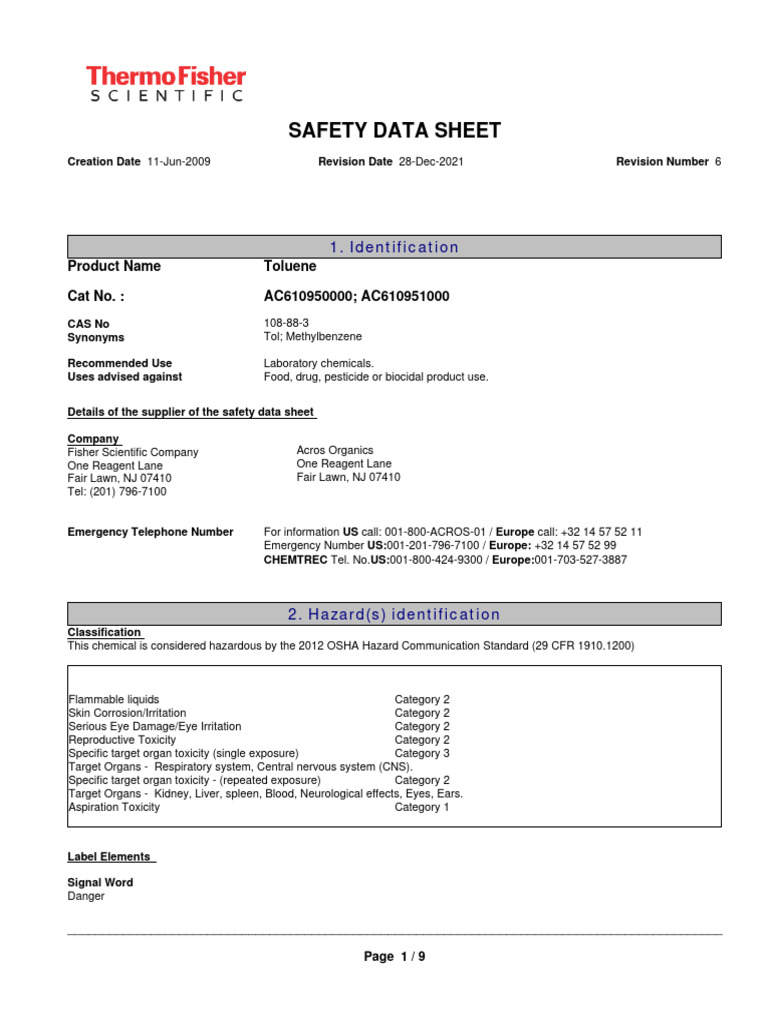 Toluene MSDS | PDF | Waste | Toxicity