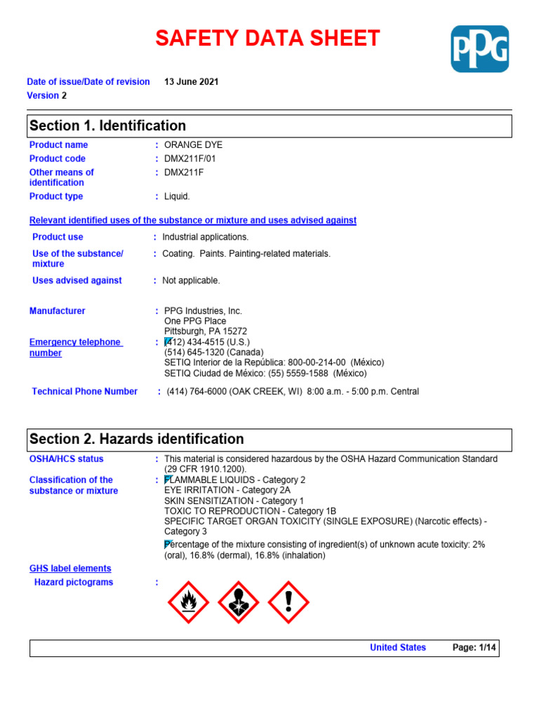 Orange Dye MSDS | PDF | Toxicity | Chemistry