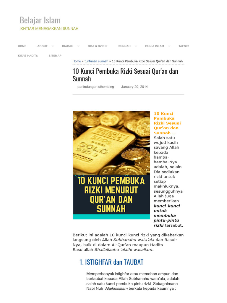10 Kunci Pembuka Rizki Sesuai Qur'an Dan Sunnah - Belajar Islam | PDF
