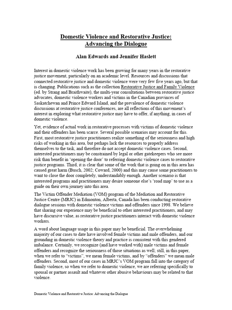 Domestic Violence and Restorative Justice | PDF | Restorative Justice | Violence