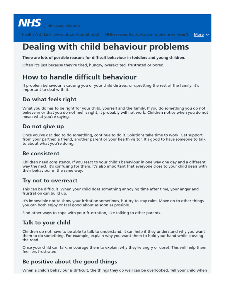 Dealing With Child Behaviour Problems - NHS | PDF | Parenting | Social ...