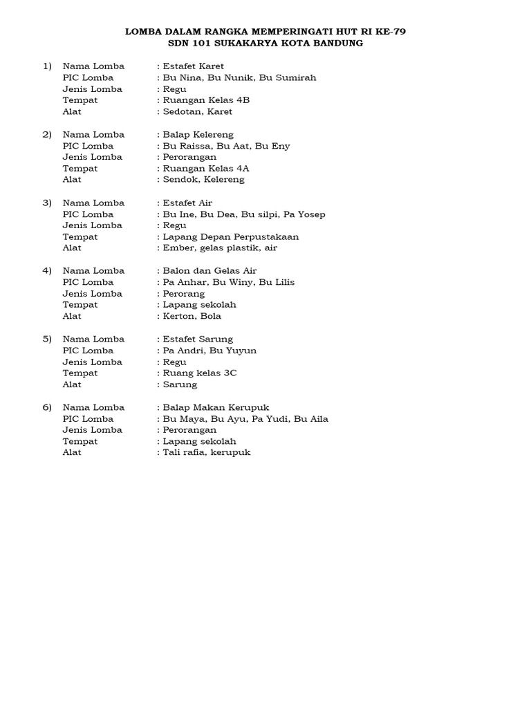 Lomba HUT RI SDN 101 Sukakarya | PDF | Game & Aktivitas