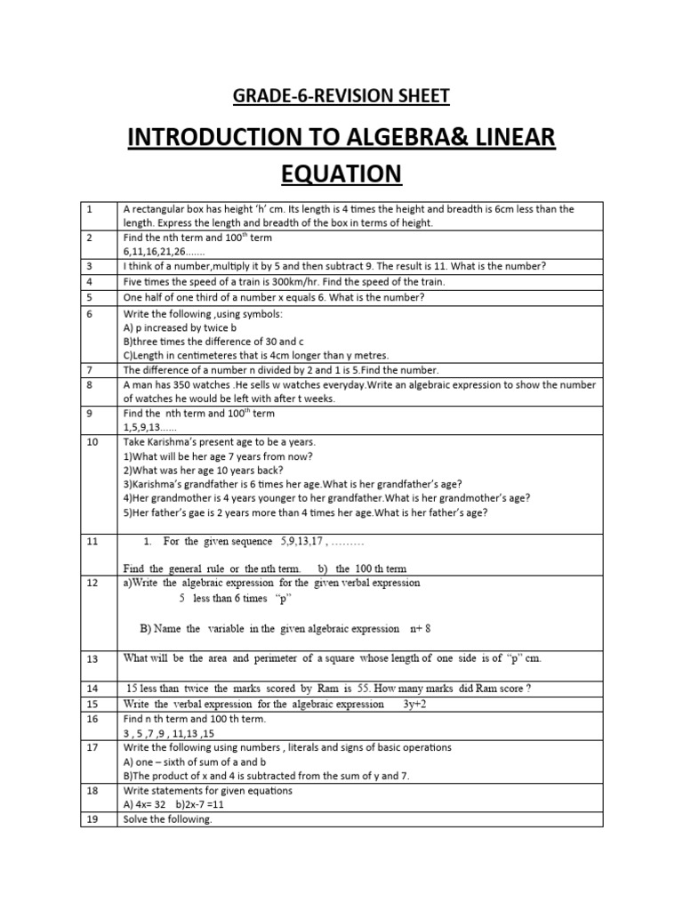 Grade 6 Algebra and Geometry Revision Sheet | PDF | Area | Ratio