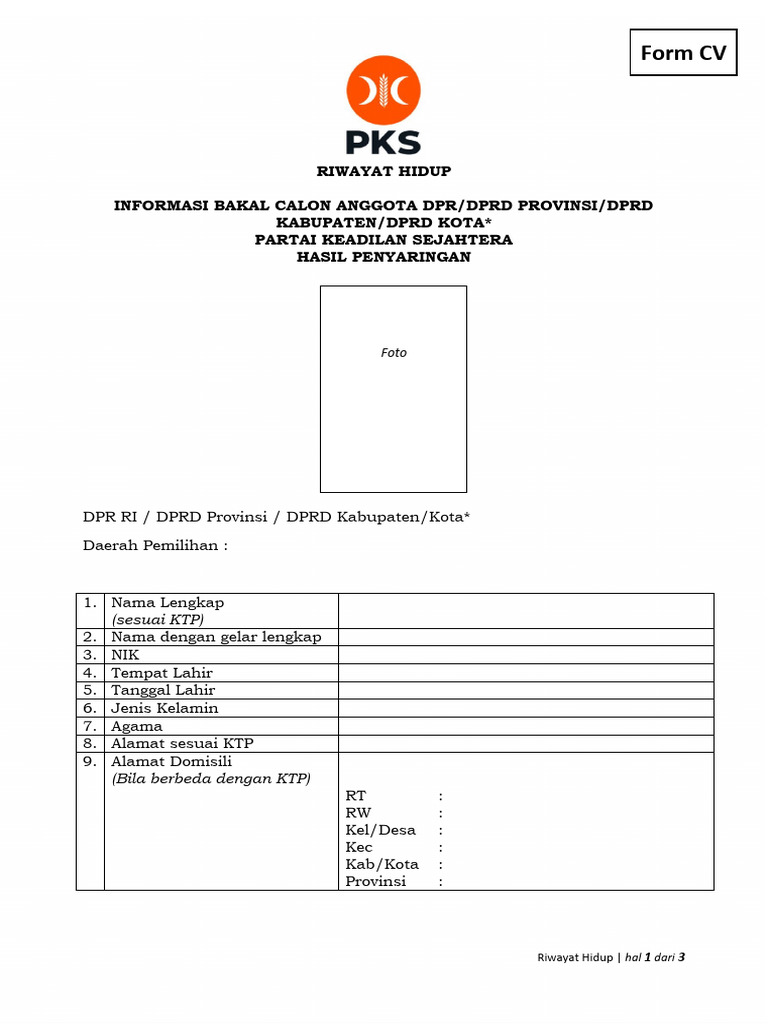 Riwayat Hidup Bakal Calon DPR PKS | PDF