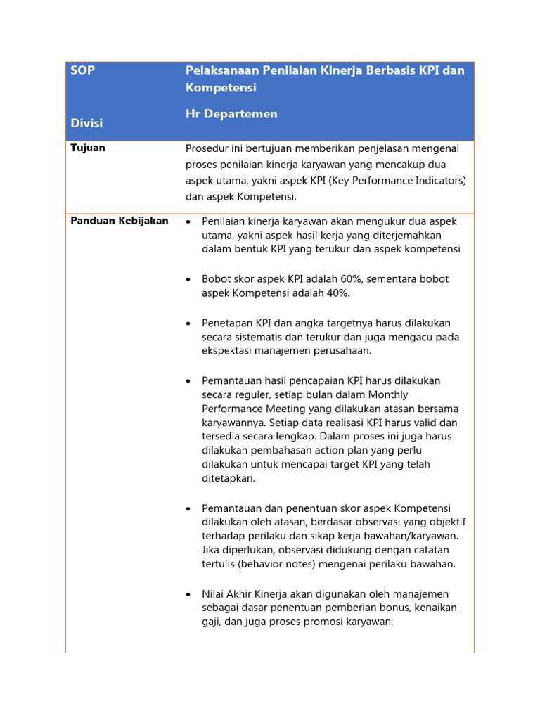 SOP Penilaian Kinerja Berbasis KPI | PDF