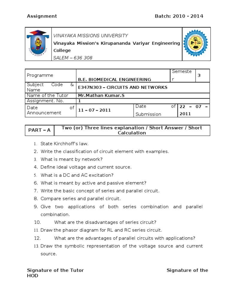 Electrical Circuits & Networks Question Bank | PDF | Series And ...