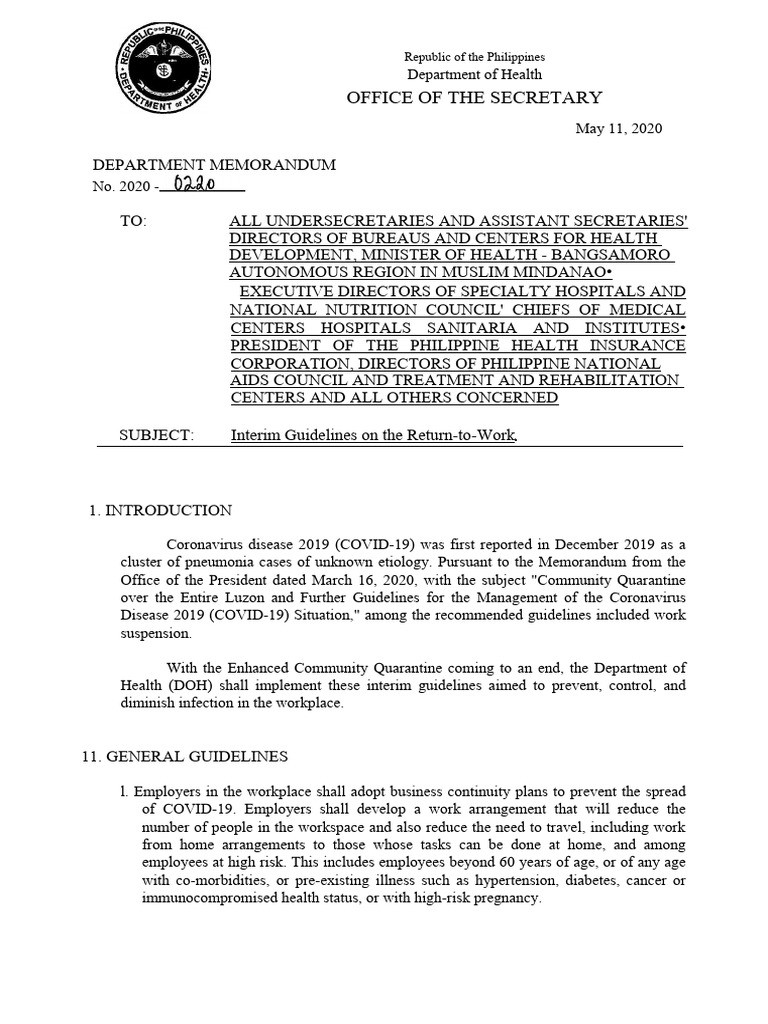 Interim Guidelines On The Return-to-Work Memo Circular 20-0220 | PDF ...