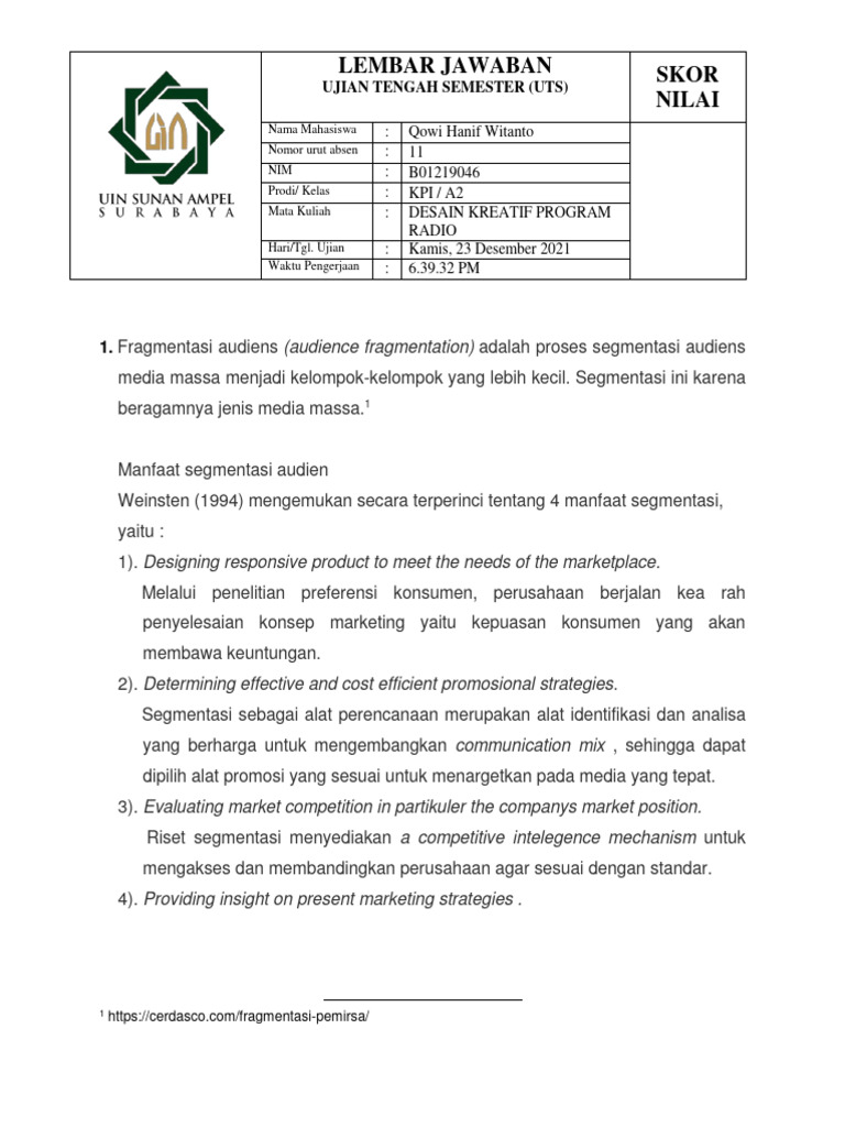 B01219046-Qowi Hanif Witanto-uas-Desain Kreatif Program Radio | PDF