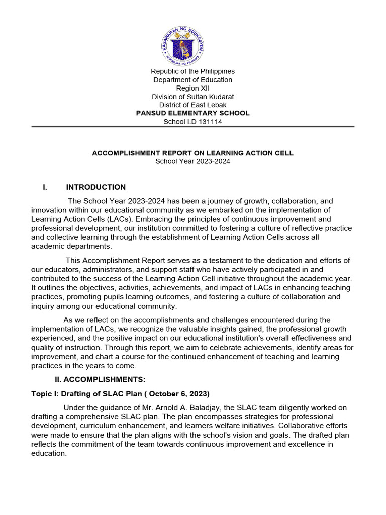 Slac Accomplishment Report 2024 | PDF | Educational Technology | Teachers