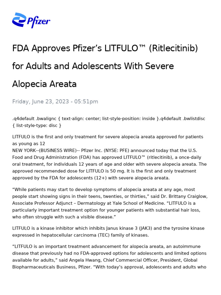 FDA Approves Pfizers LITFULOtm Ritlecitinib For Adults and Adolescents With Severe Alopecia ...