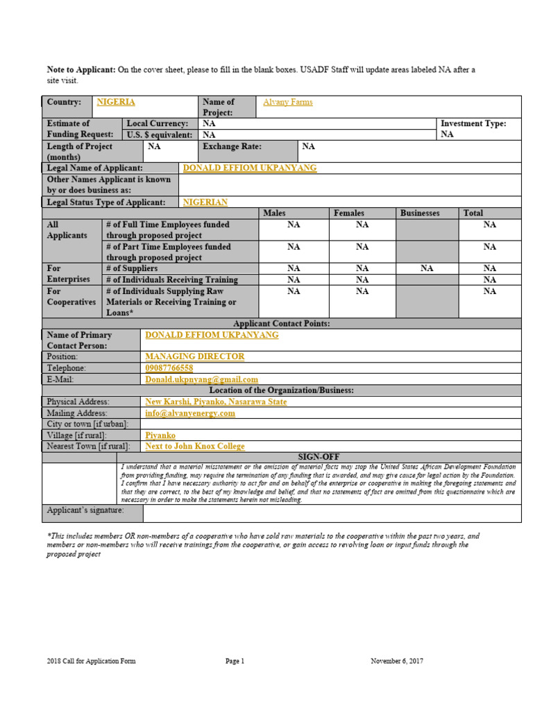 USADF Grant Application for Alvany Farms | PDF | Loans | Sales